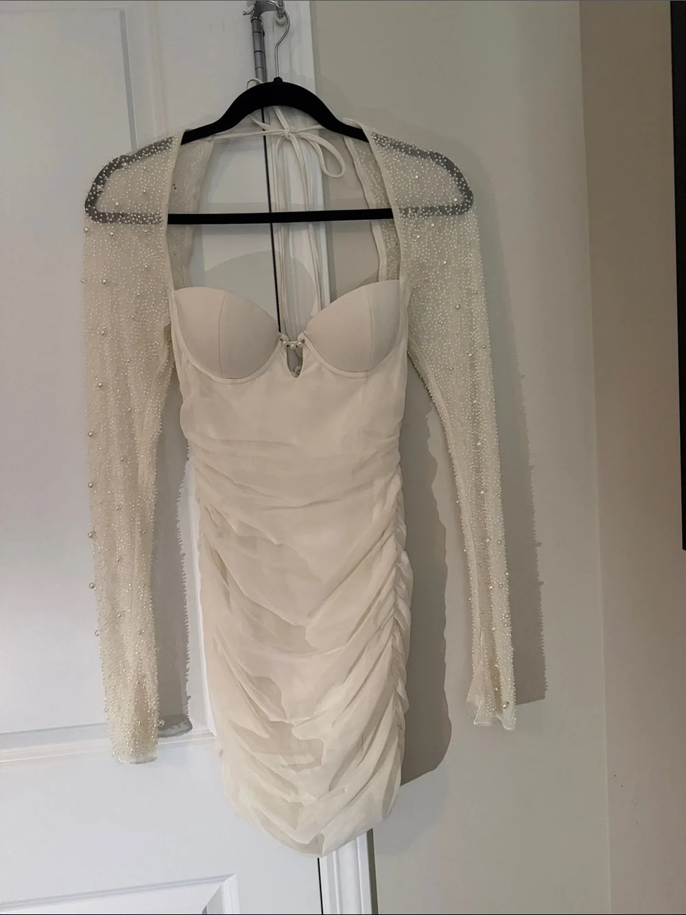 Oh Polly | Dresses | Oh Polly Ivory Ruched Halter Mini Dress With ...